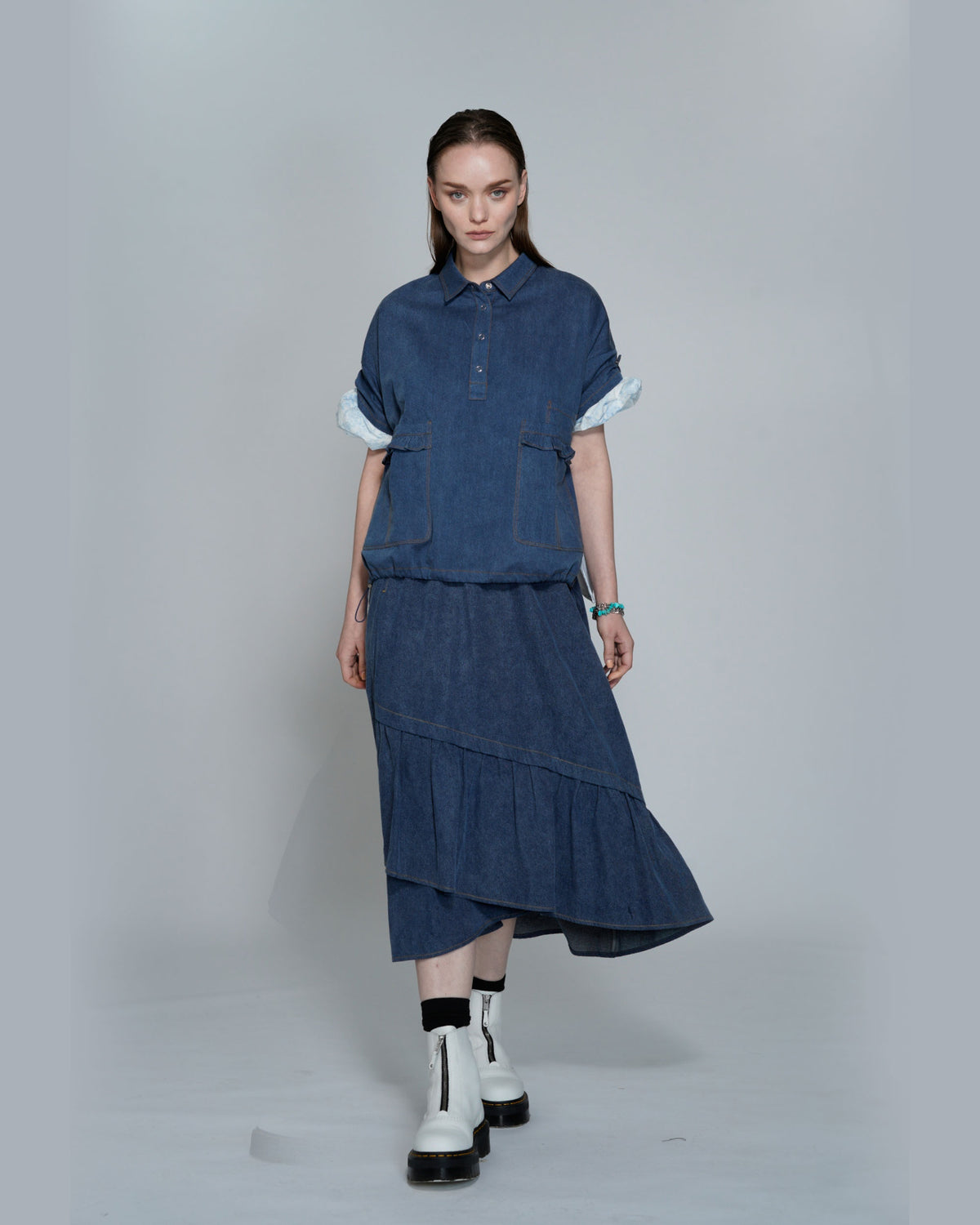 Snow Wash Denim Ruffle Layer Flare Skirt | ATSURO TAYAMA – SIDEFAME ...